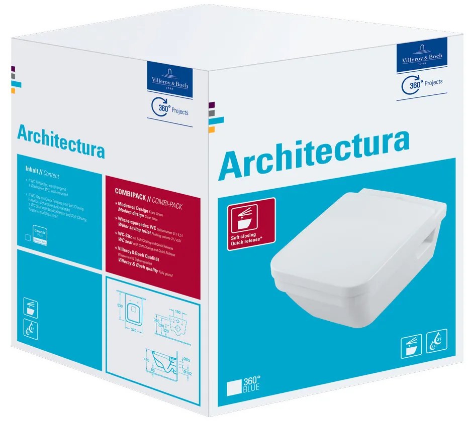 Villeroy & Boch ARCHITECTURA - COMBI PACK WC závesné DirectFlush+ sedátko s poklopom SoftClosing, biela Alpin 5685HR01