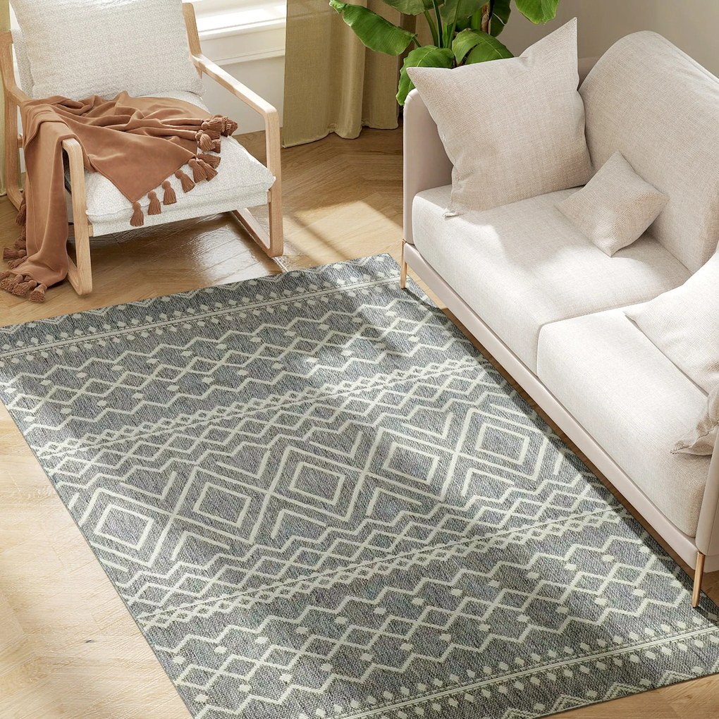 HOMCOM Pratelný Kusový Koberec Protiskluzový v Boho Designu pro Terasu, Balkon, Obývací Pokoj a Kuchyni, 170 x 120 cm, Šedý | Aosom