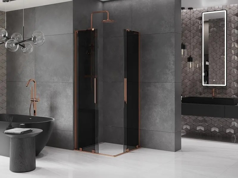 Mexen Velar L Duo, sprchový kout s posuvnými dveřmi 80 x 80 cm, 8mm šedé sklo, růžové zlato, 871-080-080-02-43-60