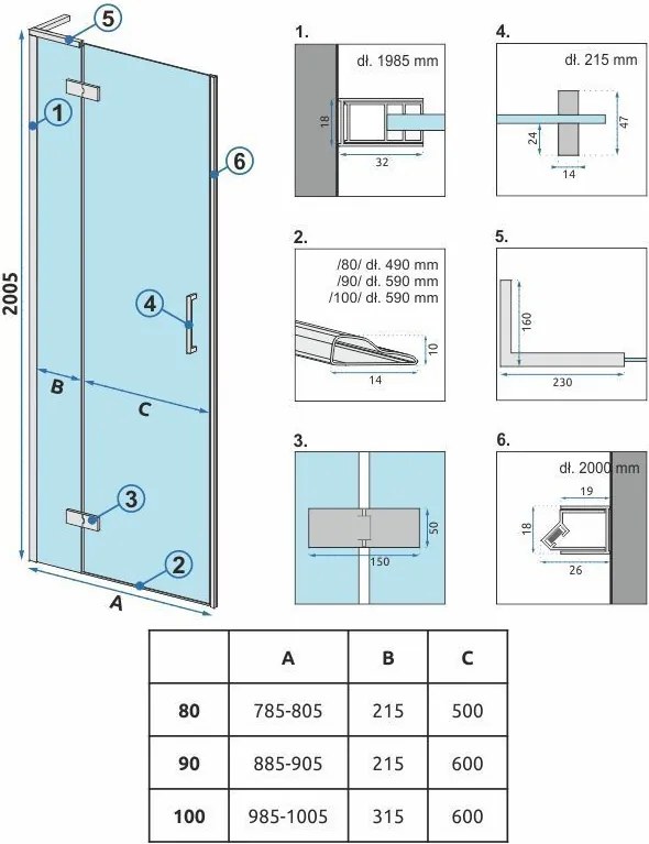 Rea Hugo, 1-křídlé sprchové dveře 80x200 cm, 6mm šedé sklo, měděná matná + boční magnetický profil, KPL-K6960