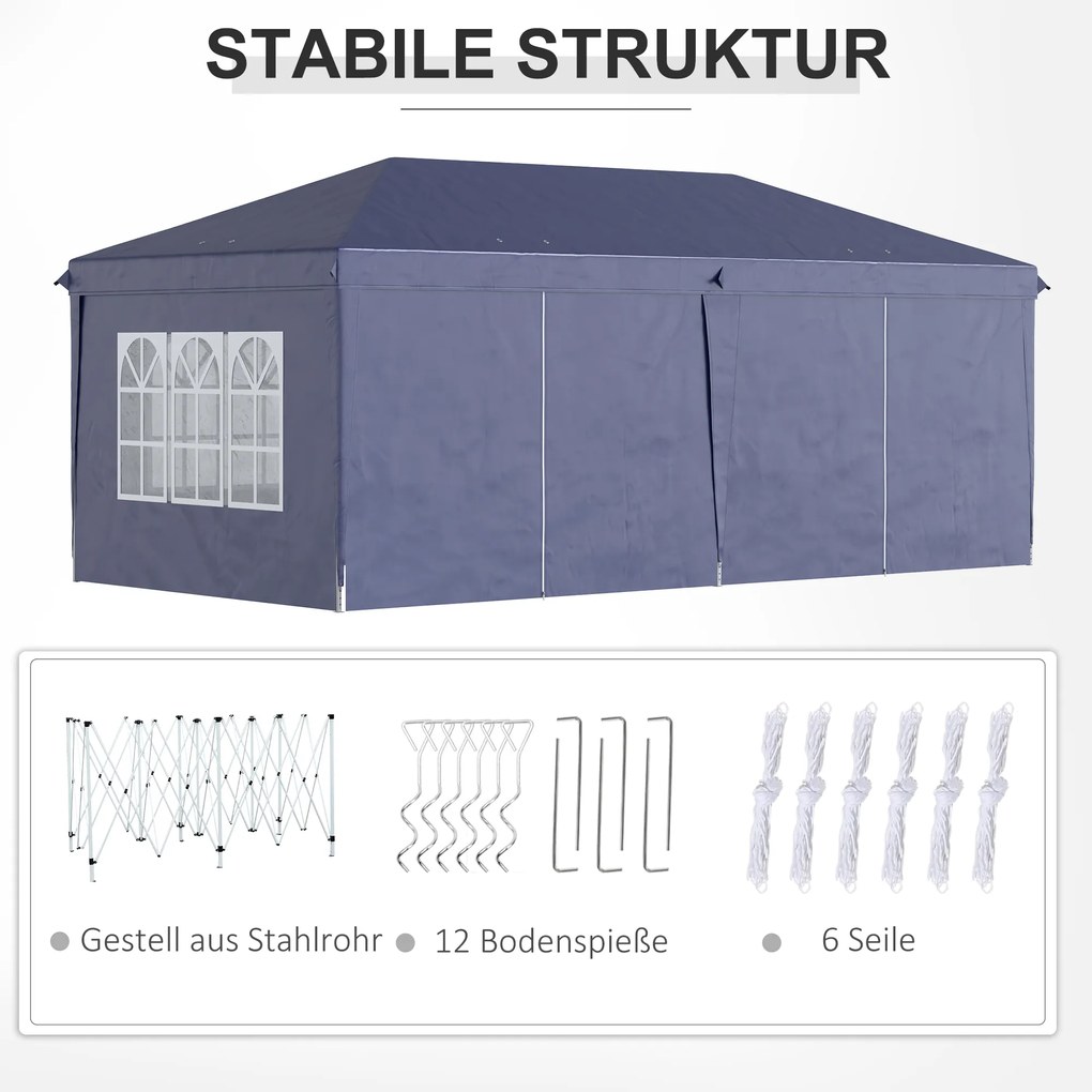 Skládací altán Outsunny 5,85x2,95 m s UV ochranou, bočními stěnami a okny, dveře na zip, robustní ocel, modrý pro zahradu a akce |