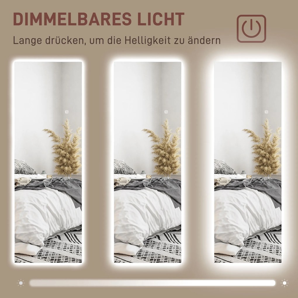 HOMCOM celoplošné zrcadlo 40 x 120 cm stojící zrcadlo s LED světlem, nástěnné zrcadlo s dotykovým ovládáním, bezrámové podlahové zrcadlo, do ložnice,…