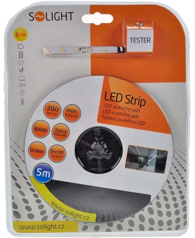 SOLIGHT LED pásek s testrem, 5m, sada s 12V adaptérem, 4,8W/m, IP20, 3000K teplá bílá