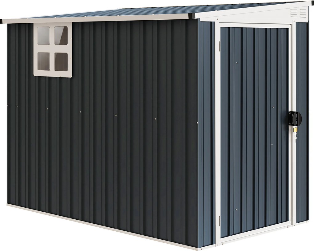 Outsunny Kovová Kůlna na Nářadí 2.7m² 128x231x181cm Se Šikmou Střechou, Okno, Zámek, Voděodolná Exteriérová Kůlna pro Zahradní Prostor Tmavě Šedá