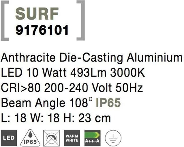 NV 9176101 Venkovní sloupkové svítidlo SURF antracitový hliník LED 8W 3000K 200-240V 108st. IP65 - NOVA LUCE