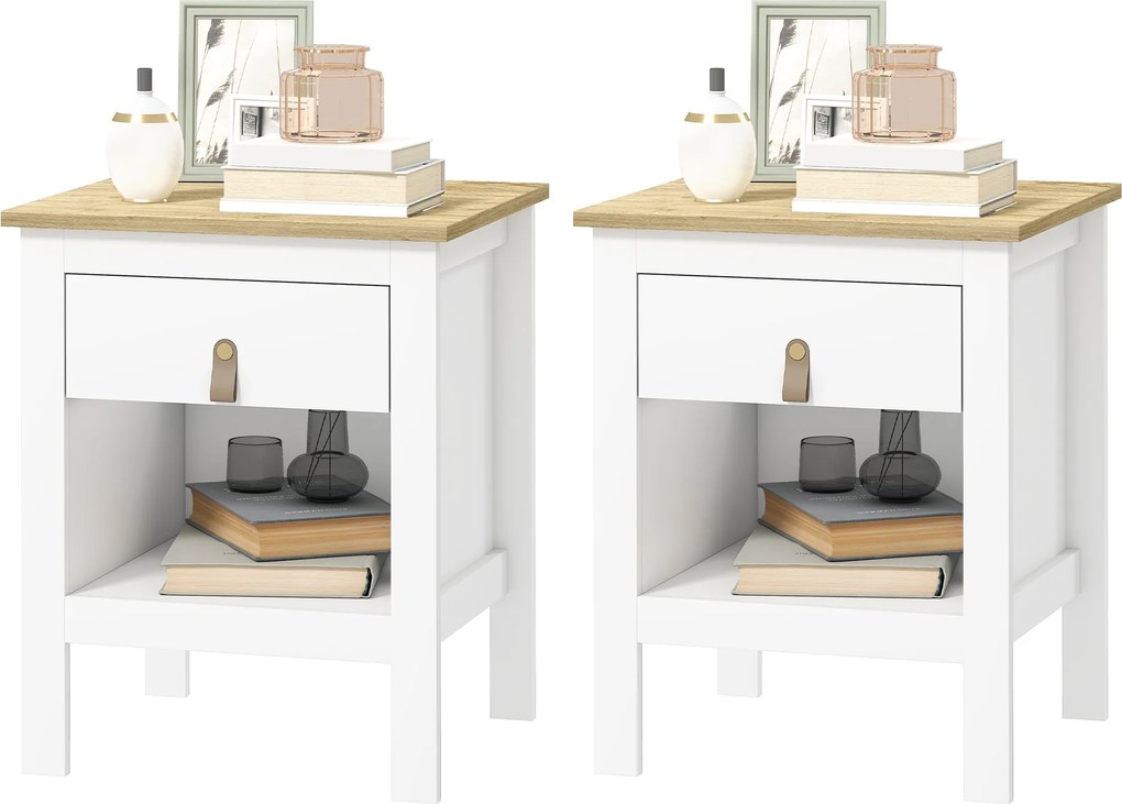 HOMCOM Sada 2 Nočních Stolků s Šuplíkem a Otevřeným Kompartmentem, Moderní Styl do Ložnice nebo Obývacího Pokoje, 45 x 40 x 55 cm, Bílá | Aosom
