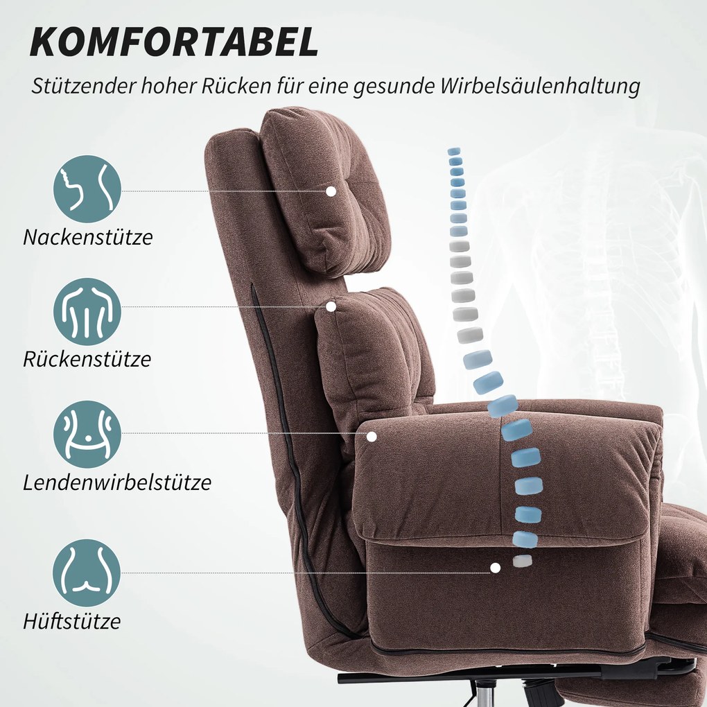 HOMCOM Kancelářská židle s nastavitelnou opěrkou zad, polstrovaná židle na kolečkách, polstrované křeslo, výškově nastavitelná, ocel, hnědá
