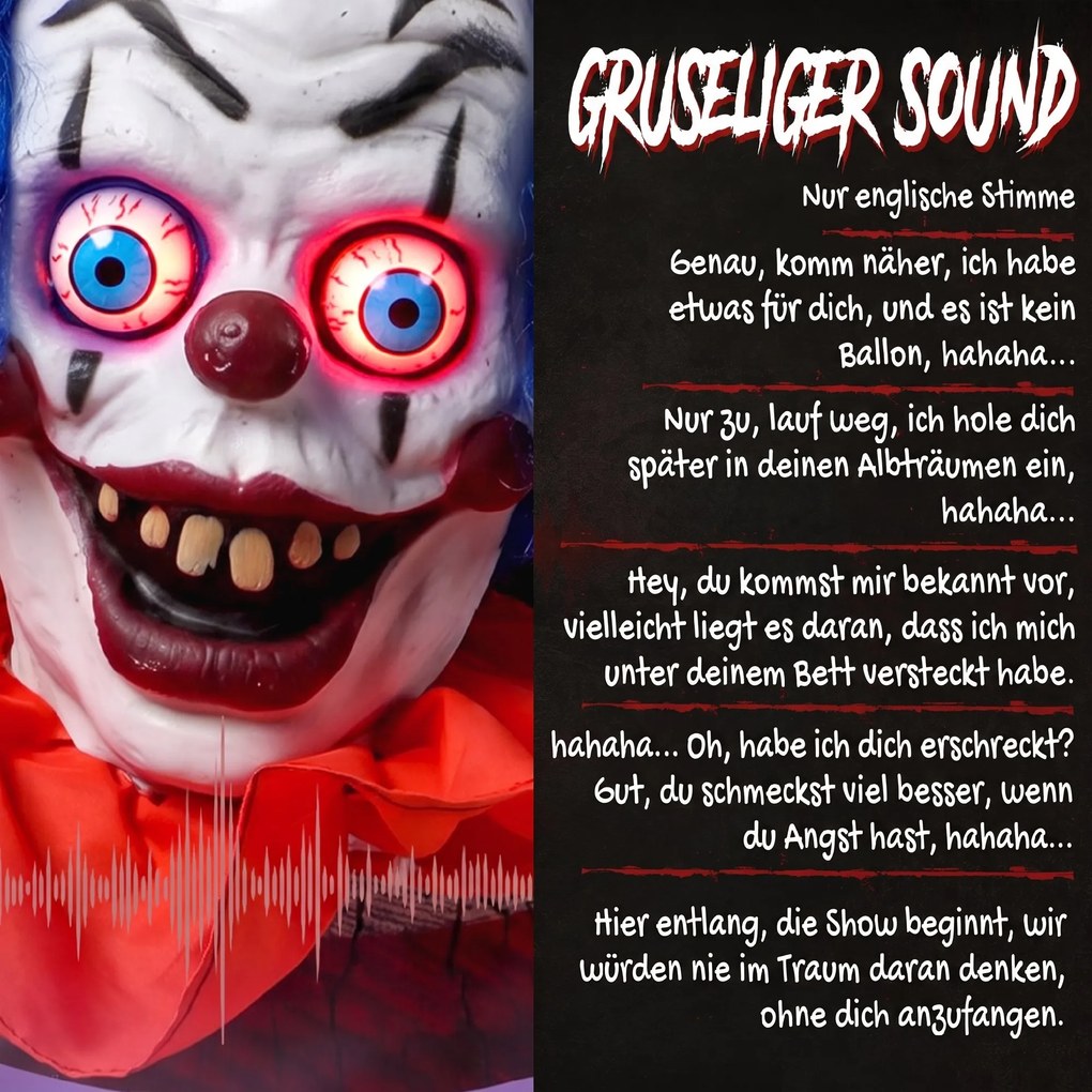 HOMCOM 167 cm životní velikost animovaná halloween klaun dekorace s aktivací zvukem a dotykem
