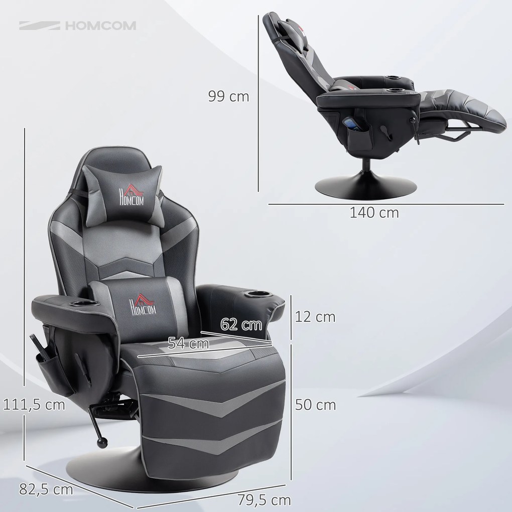 HOMCOM Herní židle s masáží, otočná o 360°, 6 masážních bodů, podnožka, odnímatelná opěrka hlavy, koženka, 79,5 x 82,5 x 111,5 cm, šedá| Aoso