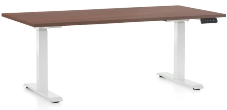 Výškově nastavitelný stůl OfficeTech D, 160 x 80 cm, bílá podnož, ořech