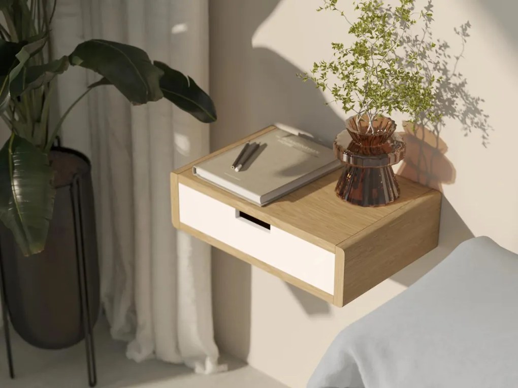 Benlemi Zaoblený závěsný noční stolek se šuplíkem LUNA FLO bílý Zvolte kvalitu dřeva: 1. Dubový masiv třídy A