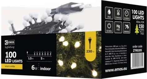 Vánoční řetěz kuličky EMOS D5GW02 ZYK0205 100LED 5m teplá bílá