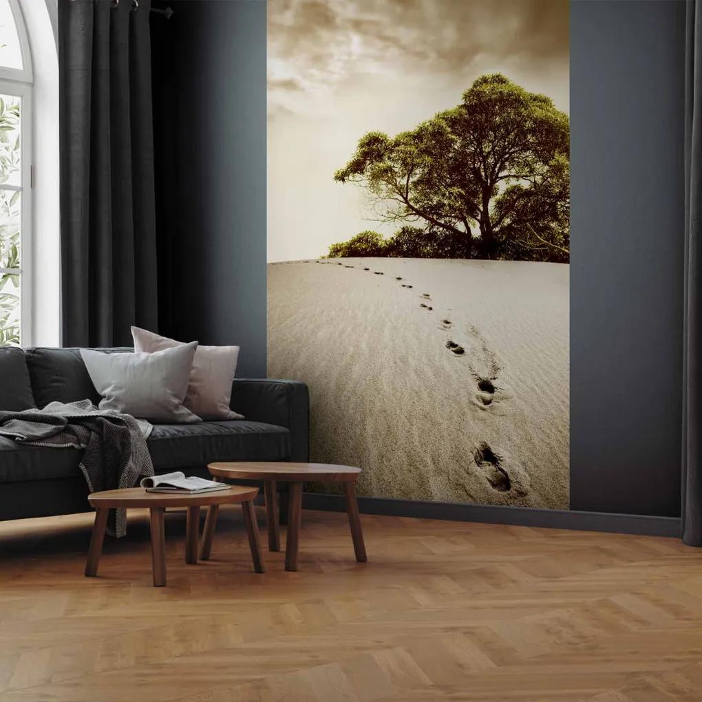 Fototapeta Strom na poušti - krajina s stromem na písku se stopami v sepii