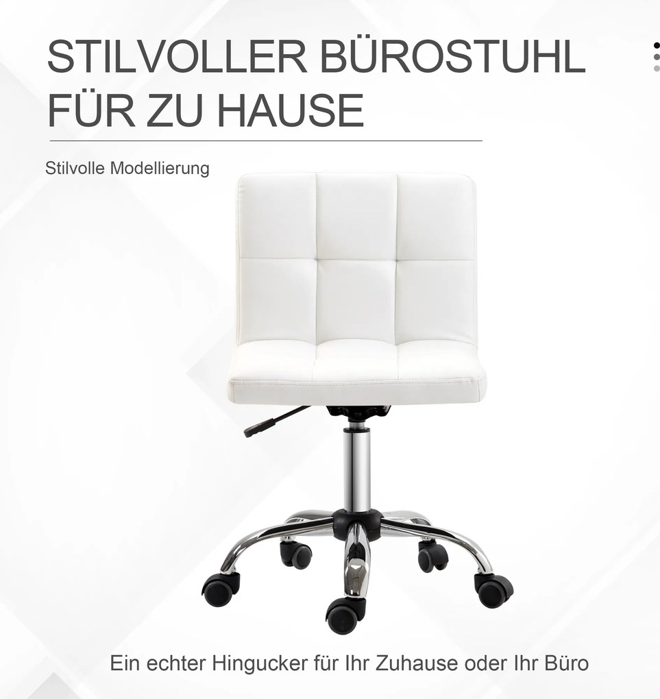 HOMCOM Kancelářská židle, ergonomická židle bez područek, výškově nastavitelná otočná židle, počítačová židle do kanceláře, studovny, umělá kůže, bílá