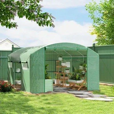 Outsunny tunelová skleník 4x3x2 m s 6 síťovanými okny, 3 rolovacími dveřmi, PE krytem a zinkovanou ocelovou konstrukcí, zelená