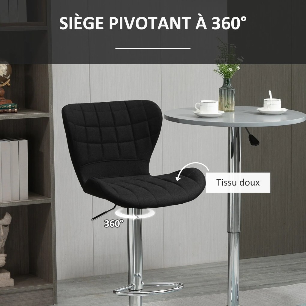 HOMCOM Sada 2 moderních barových židlí s nastavitelnou výškou sedáku 59-81 cm, 360° otáčení, lněné, černé