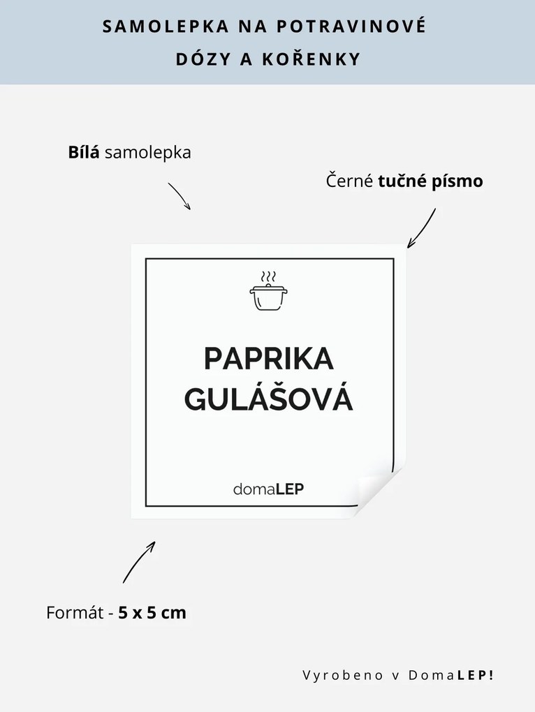 Samolepka na kořenky PAPRIKA GULÁŠOVÁ bílá 5 × 5 cm tučné písmo