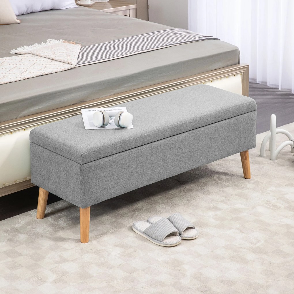 HOMCOM Lavice Čalouněná lavice s úložným prostorem 110 x 39 x 45 cm v šedé barvě se vzhledem lnu do předsíně ložnice obývacího pokoje z kaučukového d…