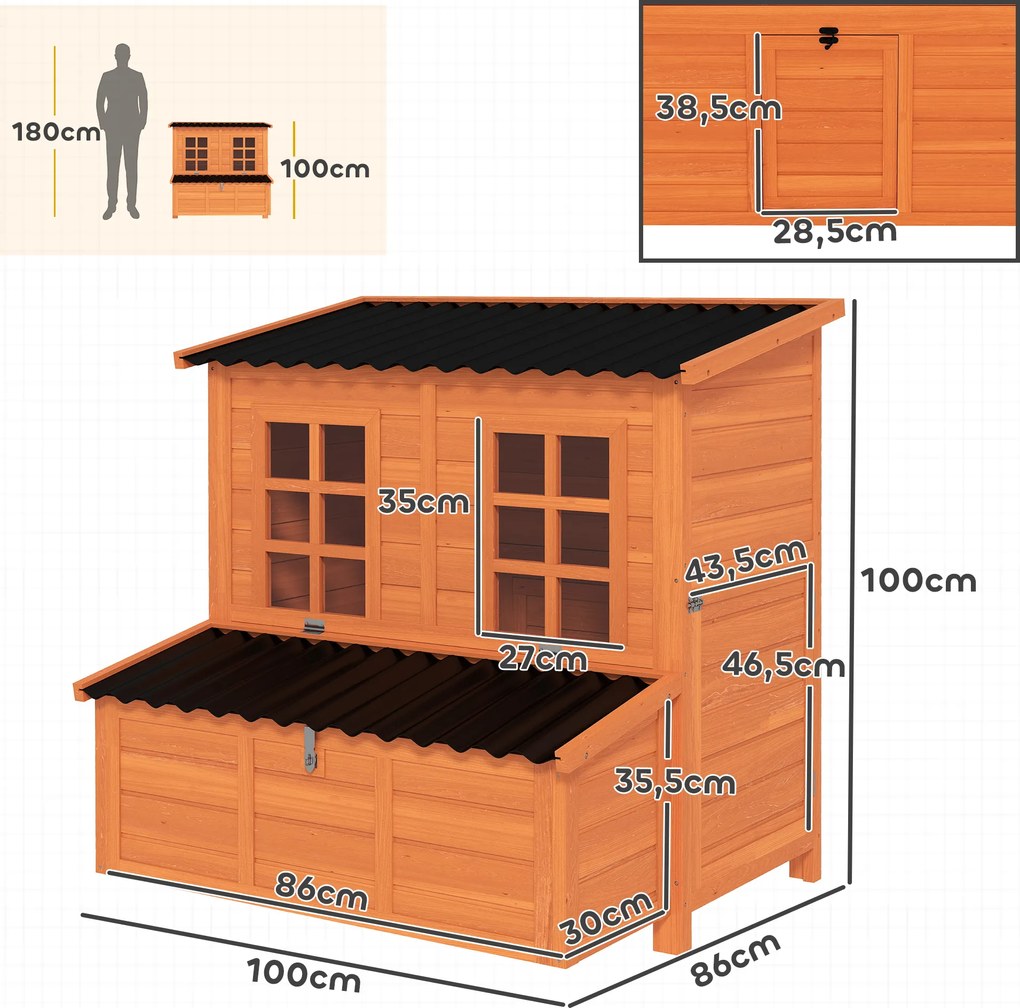 Kurník s hnízdní budkou pro 4-6 slepic, vodotěsná střecha, jedlové dřevo, plast, 100 x 86 x 100 cm, oranžový