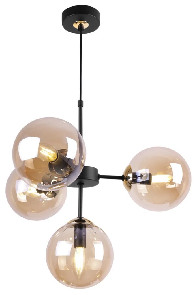 Light for home - Černozlaté kuchyňské závěsné svítidlo s regulací délky a medovými průhlednými stínidly"IMPERIA", 4x40W, E14, Černá