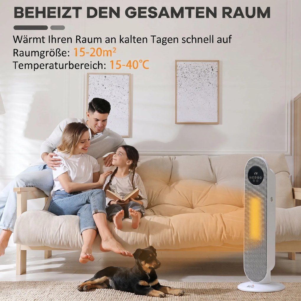 HOMCOM Topný ventilátor 2000W, PTC keramické elektrické topení s dálkovým ovládáním, oscilace, 12h časovač