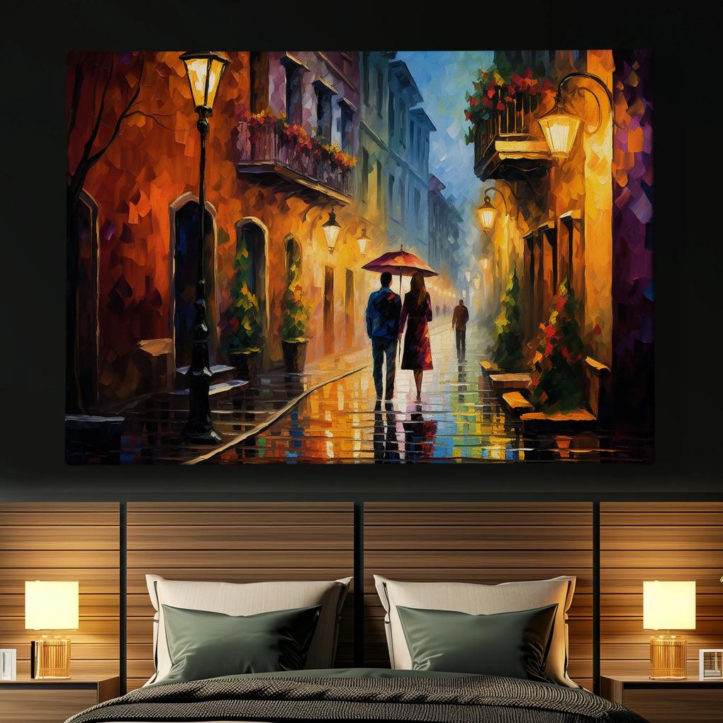 Obraz na plátně - Milenci, ulička s lampami za deště FeelHappy.cz Velikost obrazu: 40 x 30 cm