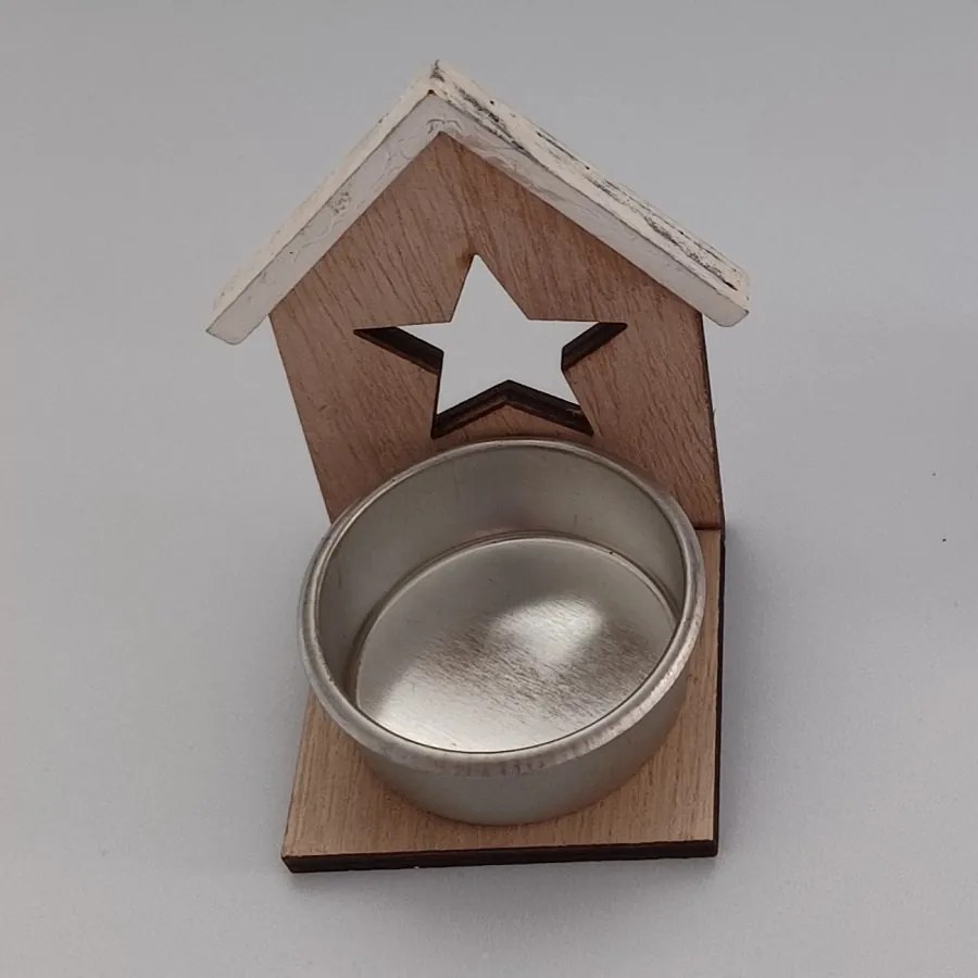 Dřevěný svícen na čajové svíčky, chaloupka s hvězdou, 8 × 5 cm