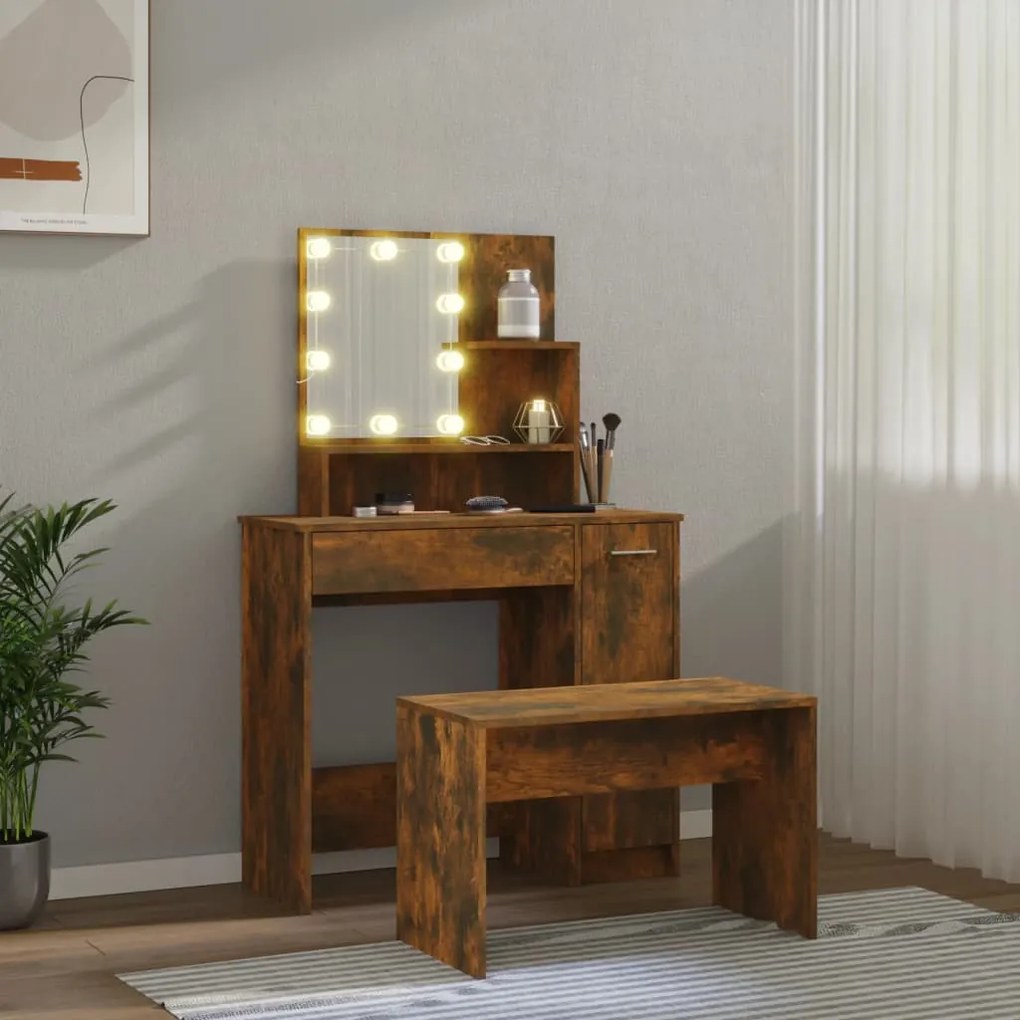 Toaletní stolek sada s LED kouřový dub kompozitní dřevo 3114120