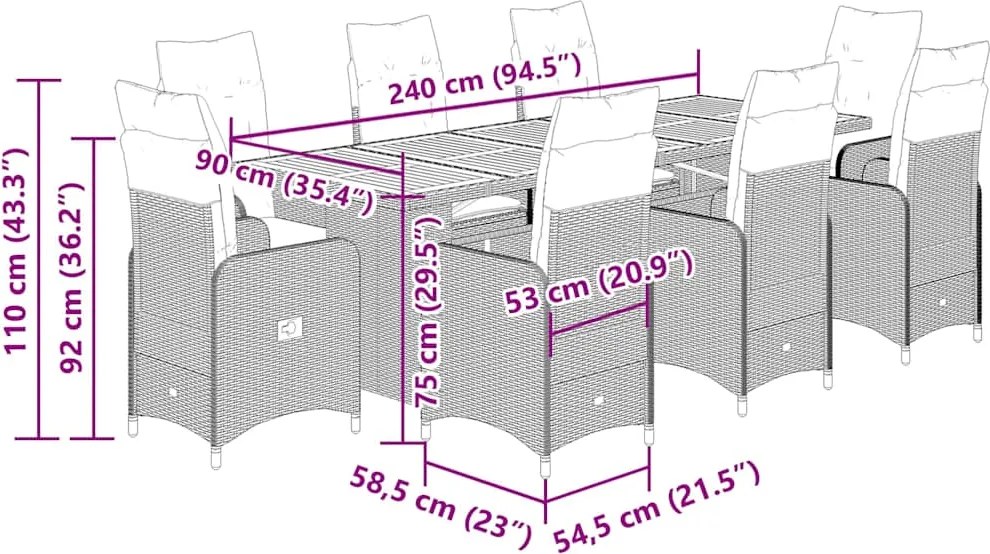 9dílný zahradní bistro set s poduškami černý polyratan 3277289