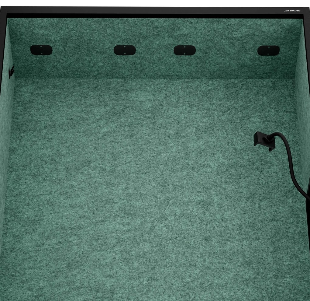 Kancelářská akustická kabina se sedátkem a USB-C portem, korpus černý / sedák zelený, 1150 mm: SALLY MentalBox