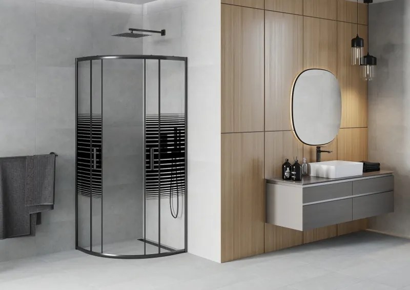 Mexen Rio, čtvrtkruhový sprchový kout s posuvnými dveřmi 70 (dveře) x 70 (dveře) x 190 cm, 5mm čiré sklo s pásky, černý profil, 863-070-070-70-20