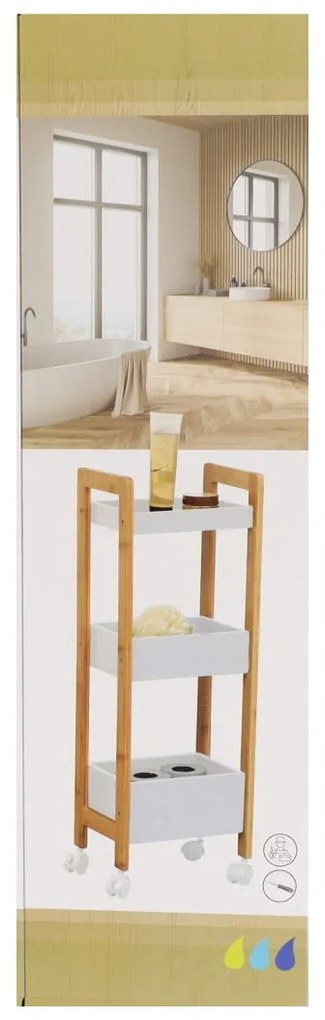Polička do koupelny na kolečkách White Bamboo, bílá/s dřevěnými prvky