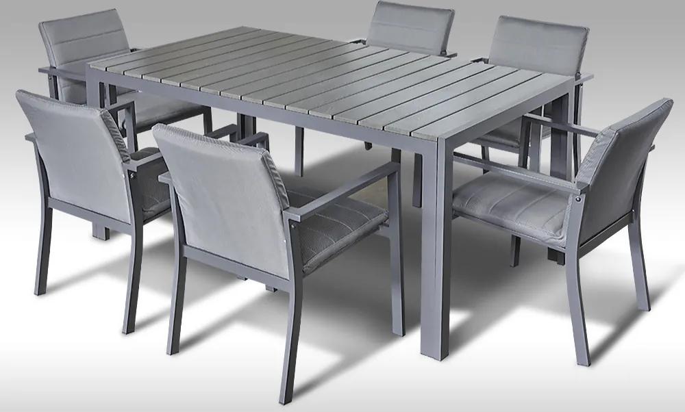 Hliníkový nábytek: stůl Jerry 160cm tm.šedý a 6 stohovatelných polstrovaných křesel Justin