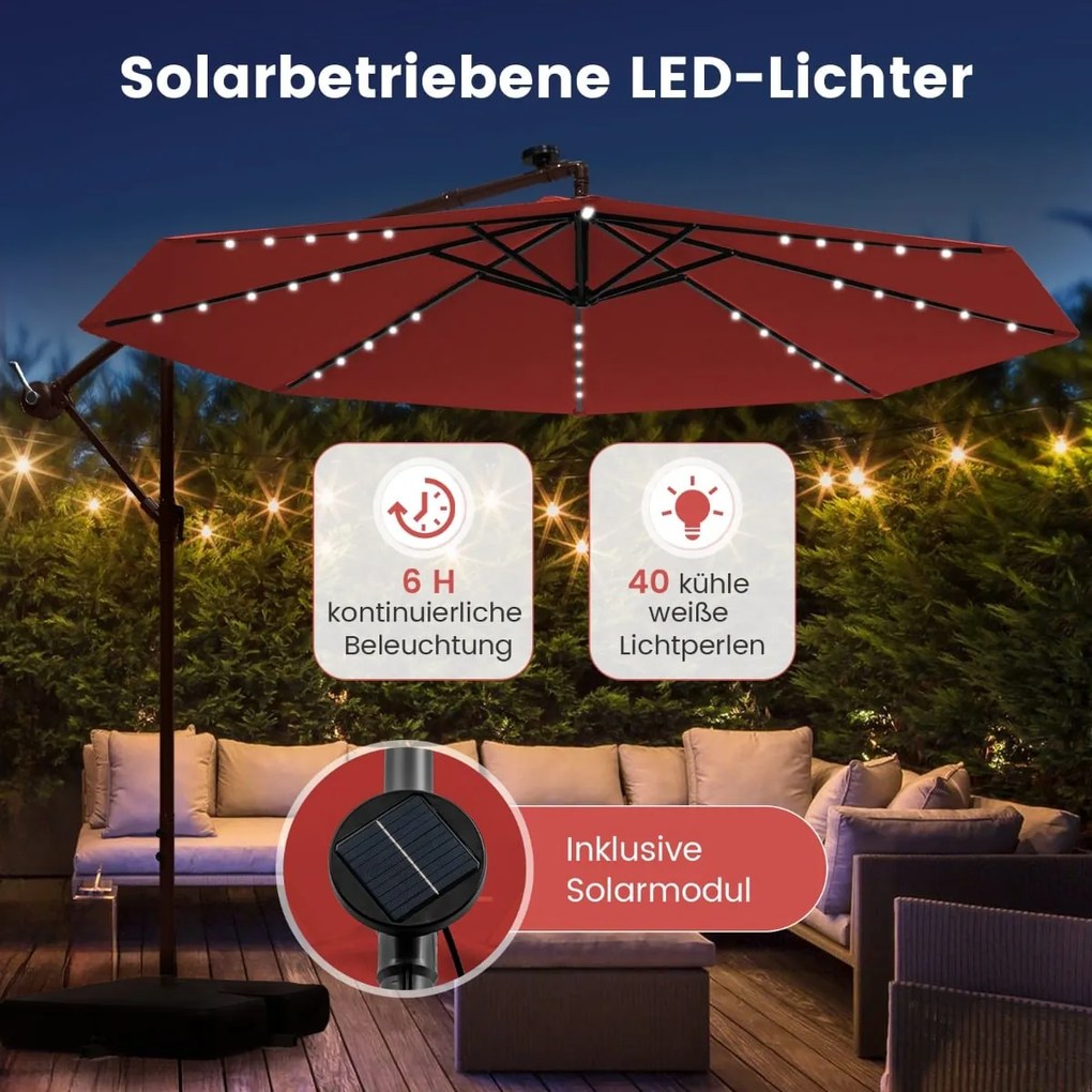 Costway Ø 300 cm konzolový deštník se 40 solárními LED světly a pytli – červený