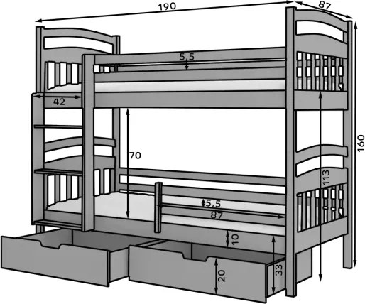 Dvoulůžková patrová postel s matracemi ADA 180x80
