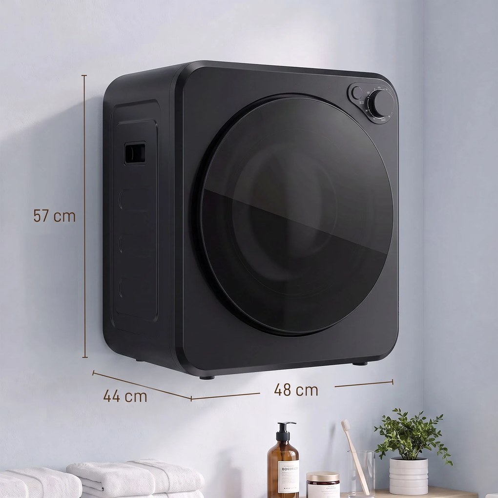 HOMCOM Mini sušička prádla 4 kg s 5 programy až do 60℃ 800W/400W odvětrávací sušička s nerezovým bubnem černá