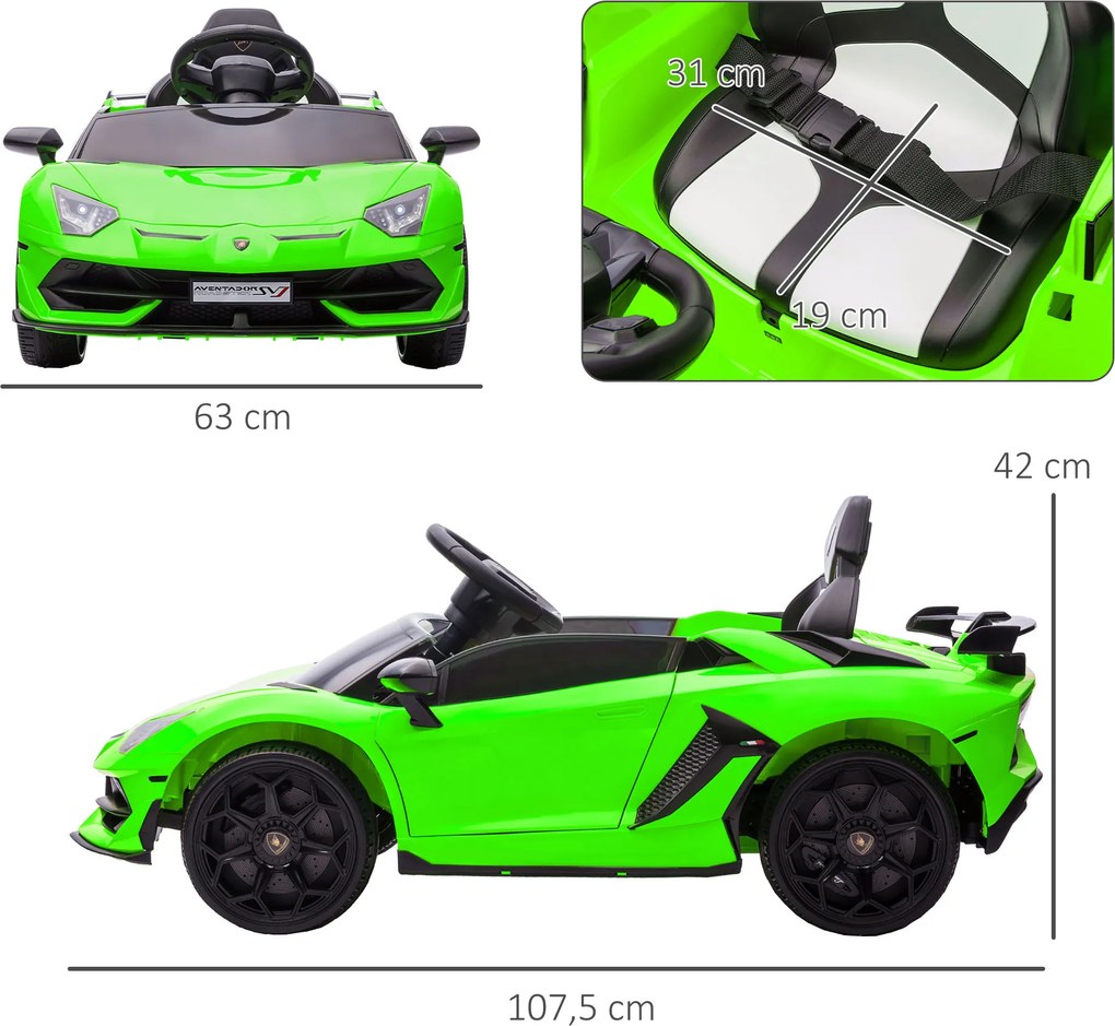 HOMCOM Dětské elektrické auto, Lamborghini Aventador SVJ, 12V s křídly, LED dálkovým ovládáním, hudbou, USB, rychlostí 3-5 km/h, zelené