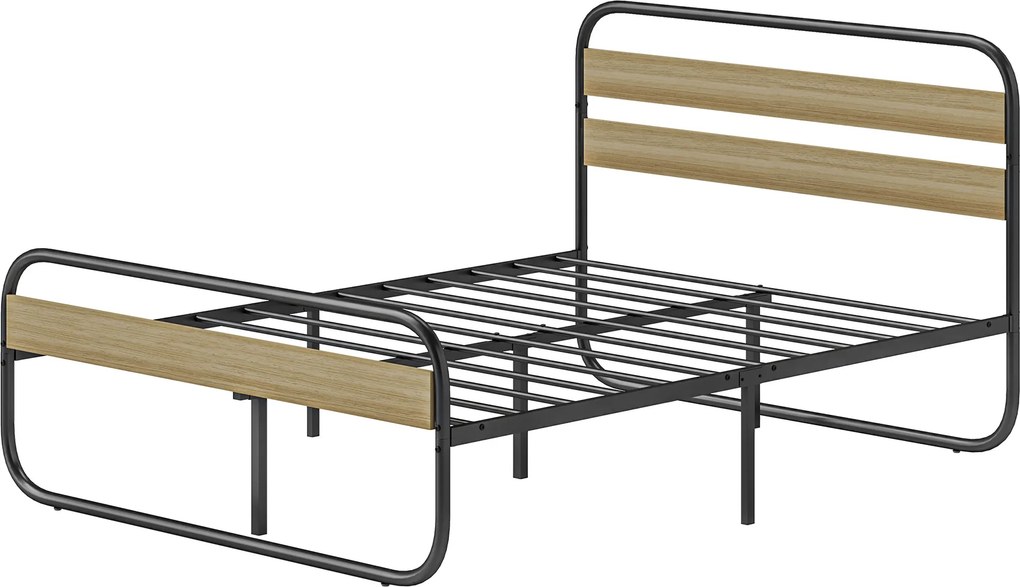 HOMCOM Dvoulůžko 140 x 190 cm, kovový rám v industriálním stylu, čelo a nožní část včetně roštu, dřevěný vzhled