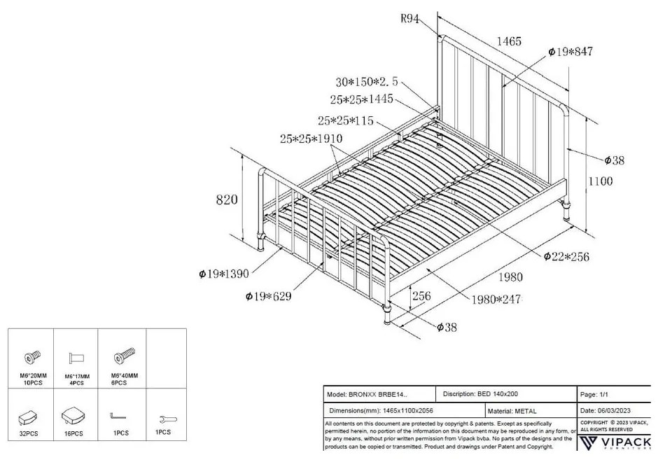 Zelená kovová jednolůžková postel s roštem 140x200 cm BRONXX – Vipack