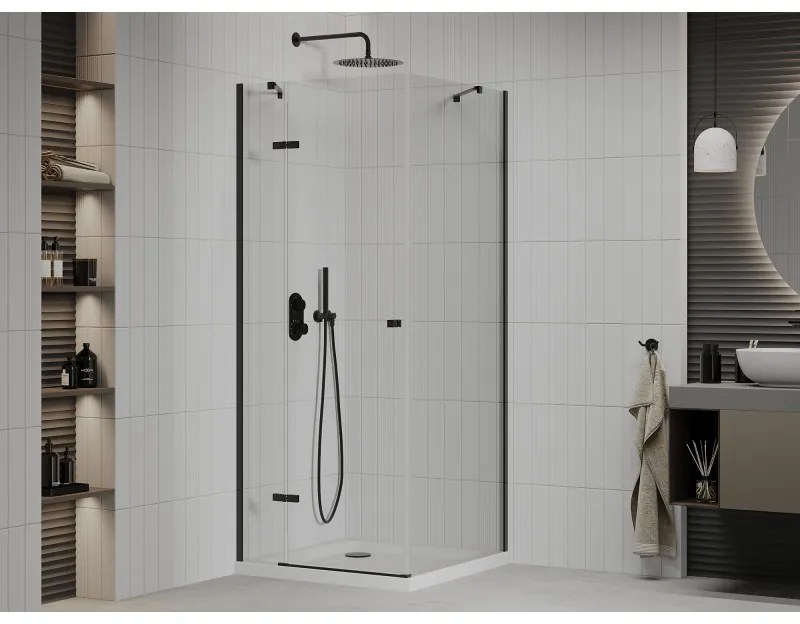 Mexen Roma sprchový kout s otočnými dveřmi 100 x 100 cm, Průhledné, Černá + sprchová vanička Flat, Bílá - 854-100-100-70-00-4010