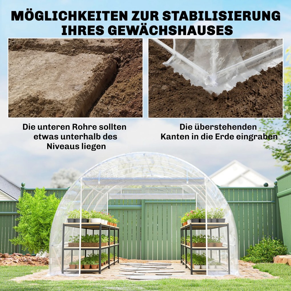 Outsunny Skleník Polytunnel, průchozí skleník s pozinkovaným ocelovým rámem a krytem z PE odolným proti UV záření, průhledný 84H-443V01CR