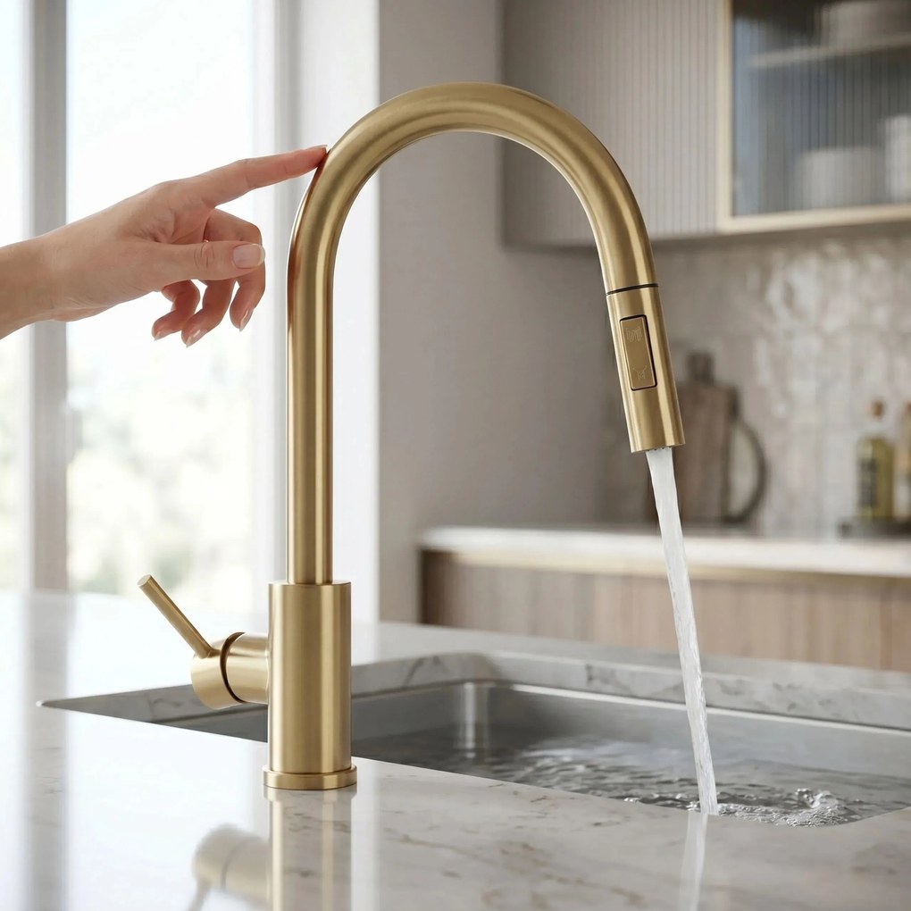 Dřezová baterie REA FRESH TOUCH s výsuvnou sprškou, zlatá kartáčovaná