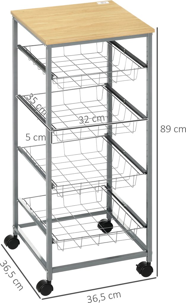 HOMCOM Servírovací vozík Kuchyňský vozík s kovovými košíky 36,5 x 36,5 x 89 cm Kuchyňský vozík Boční vozík Stříbrný do kuchyně a jídelny |