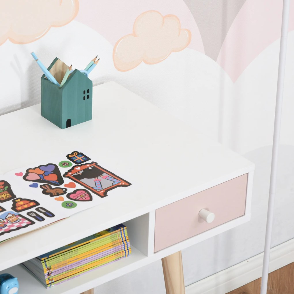 Dětský stůl HOMCOM s 1 otevřenou přihrádkou a 2 šuplíky v severském stylu pro studijní místnost, vstup a ložnici 100x48x76,5 cm v multicolor provedení