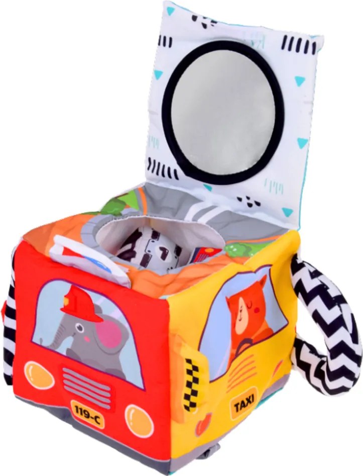 LEAN Toys Měkká senzorická kostka se zrcátkem autíčka a dopravní značky pro miminka