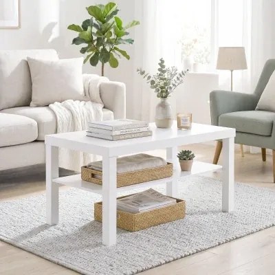HOMCOM konferenční stolek do obývacího pokoje, obdélníkový odkládací stolek se 2 úrovněmi a odkládací přihrádkou, 90x45x44,5 cm, bílá