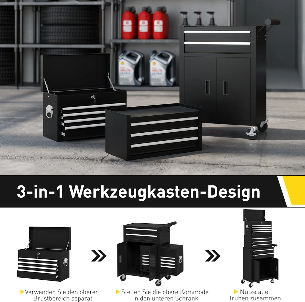 box na nářadí 3 v 1, skříňka na nářadí se 4 kolečky, uzamykatelný box na nářadí s 9 zásuvkami, ocel, černá barva