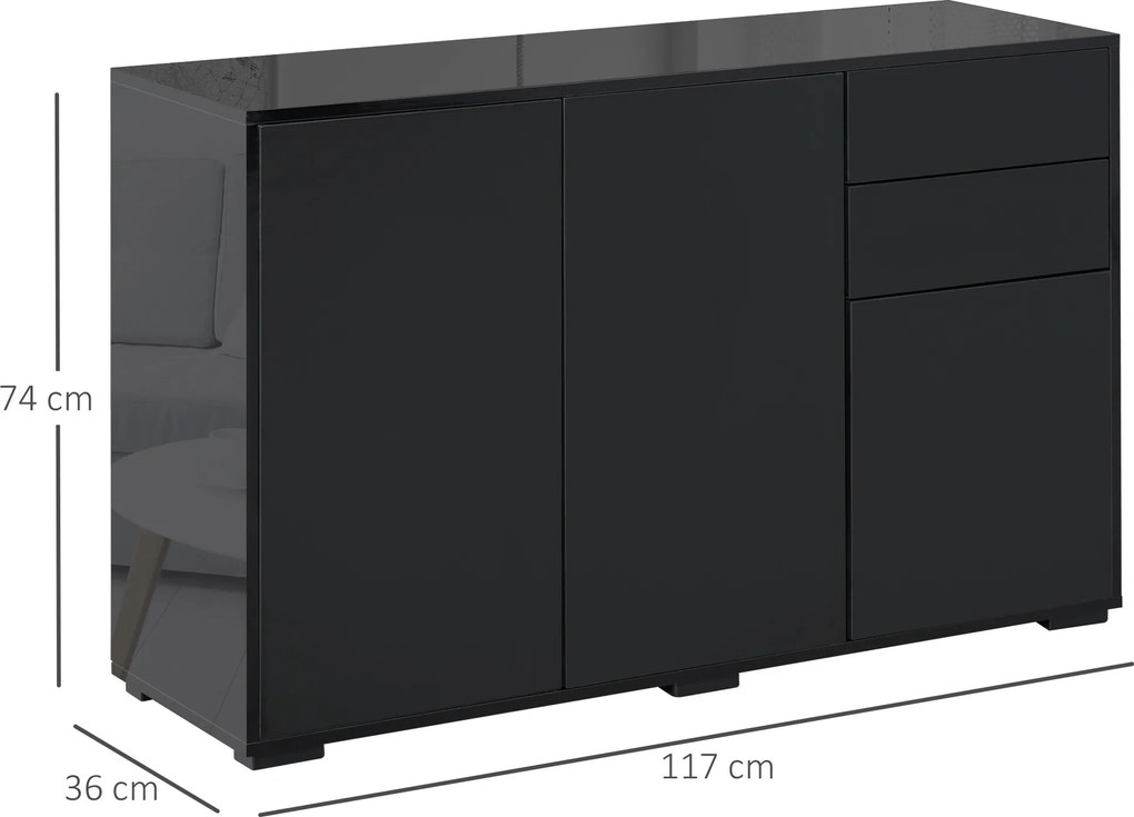 HOMCOM Buffet Skříň s Úložným Prostorem a 2 Zásuvkami, 3 Dveřmi, Nastavitelnou Policí, Dřevotřísková Deska, 117 x 36 x 74 cm Černá