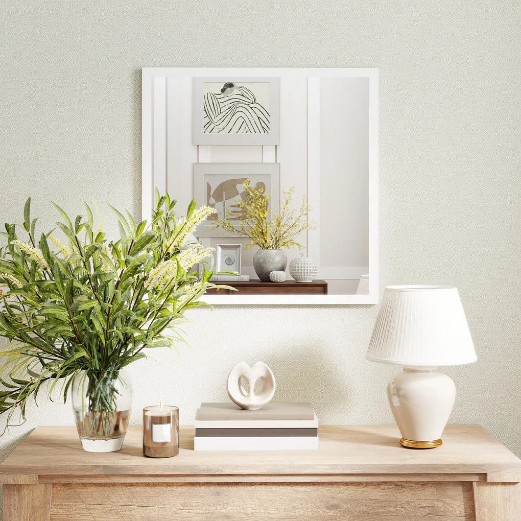 HOMCOM čtvercové nástěnné zrcadlo 50 × 50 cm, bílý MDF rám