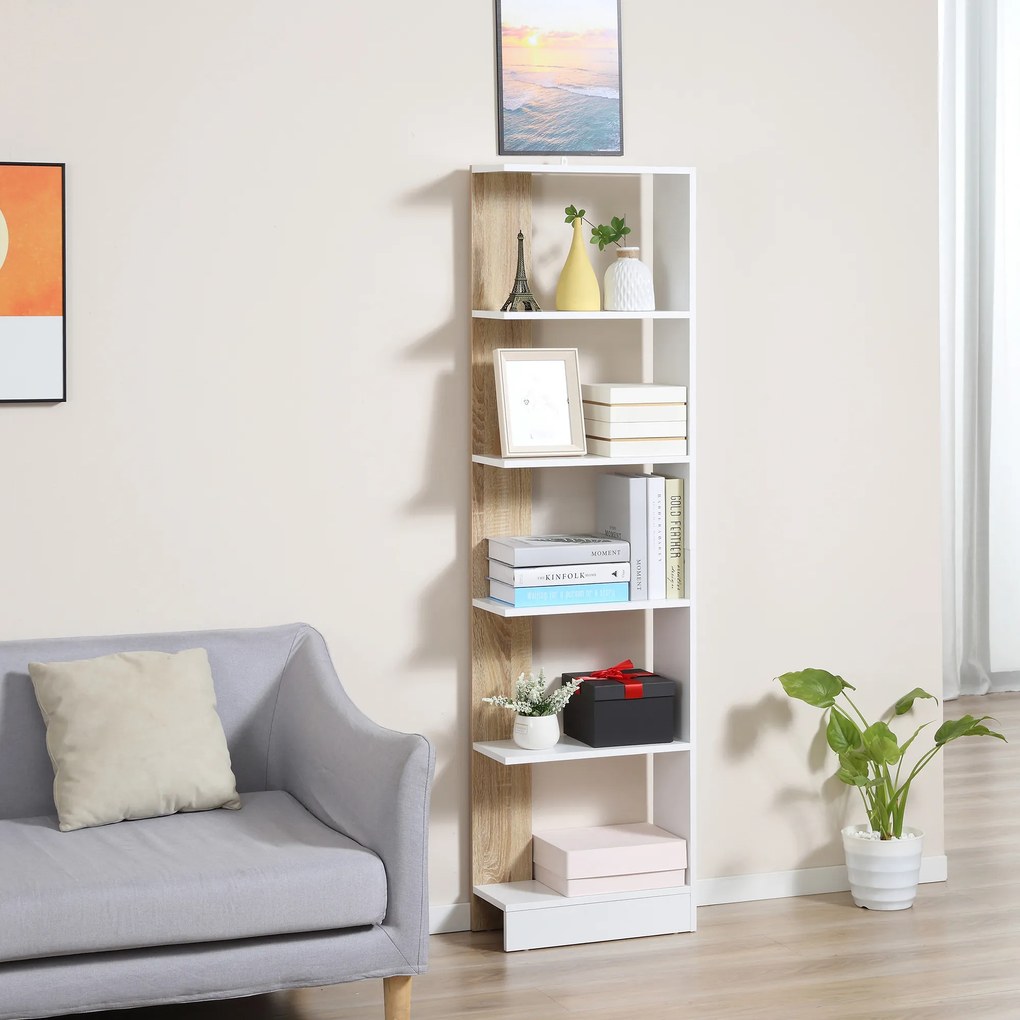 HOMCOM Regál na Knihy s 5 Policemi, Multifunkční Knihovna pro Studium a Kancelář s Zvýšeným Podstavcem, Elegantní Design 45x21x170 cm, Bílá a Dub